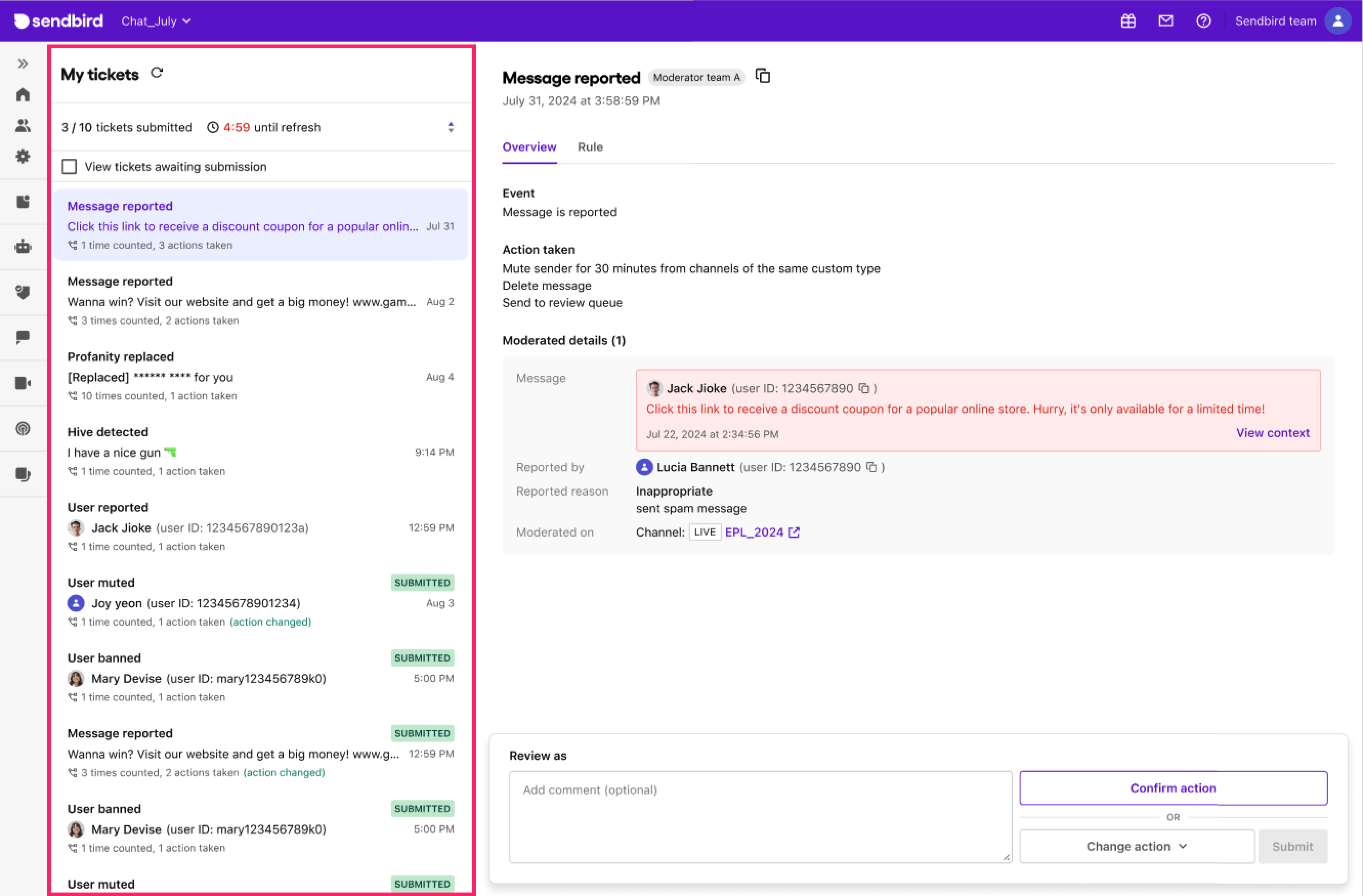 My tickets | Advanced Moderation | Sendbird Docs