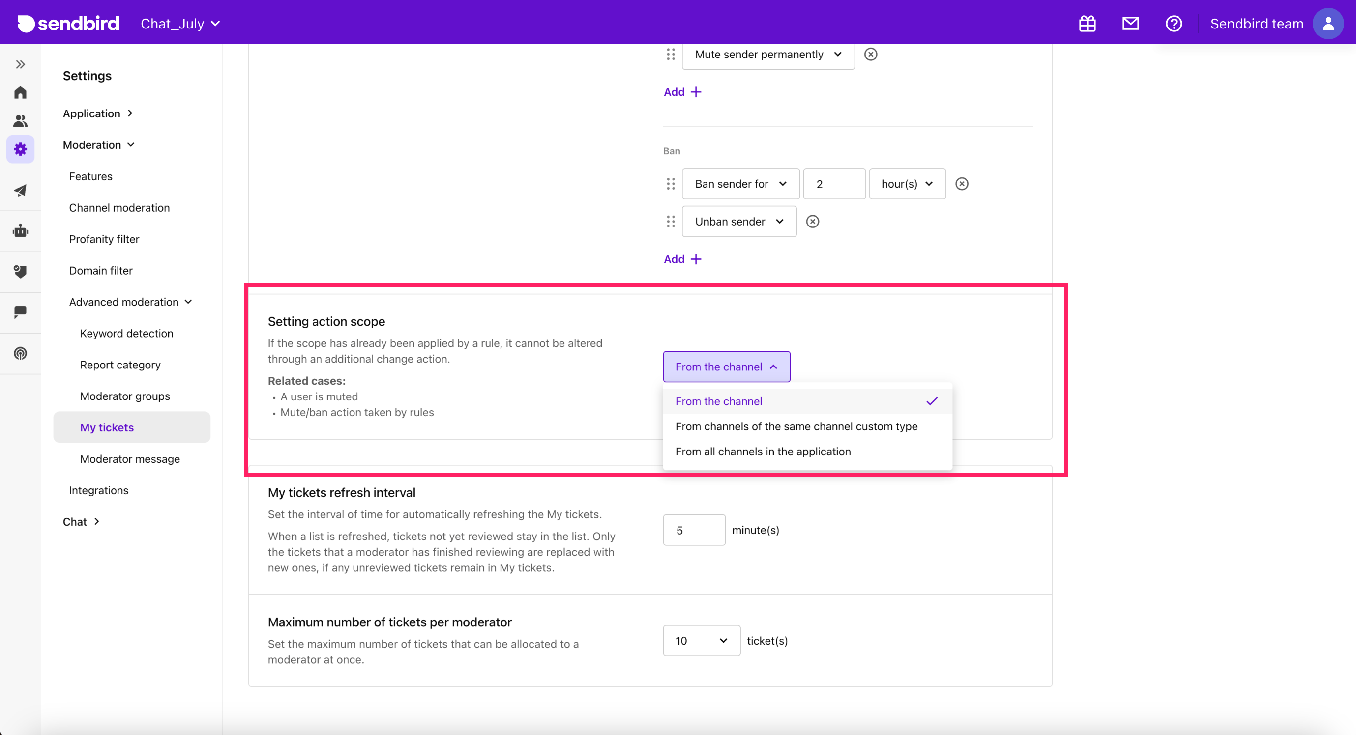 My tickets | Advanced Moderation | Sendbird Docs