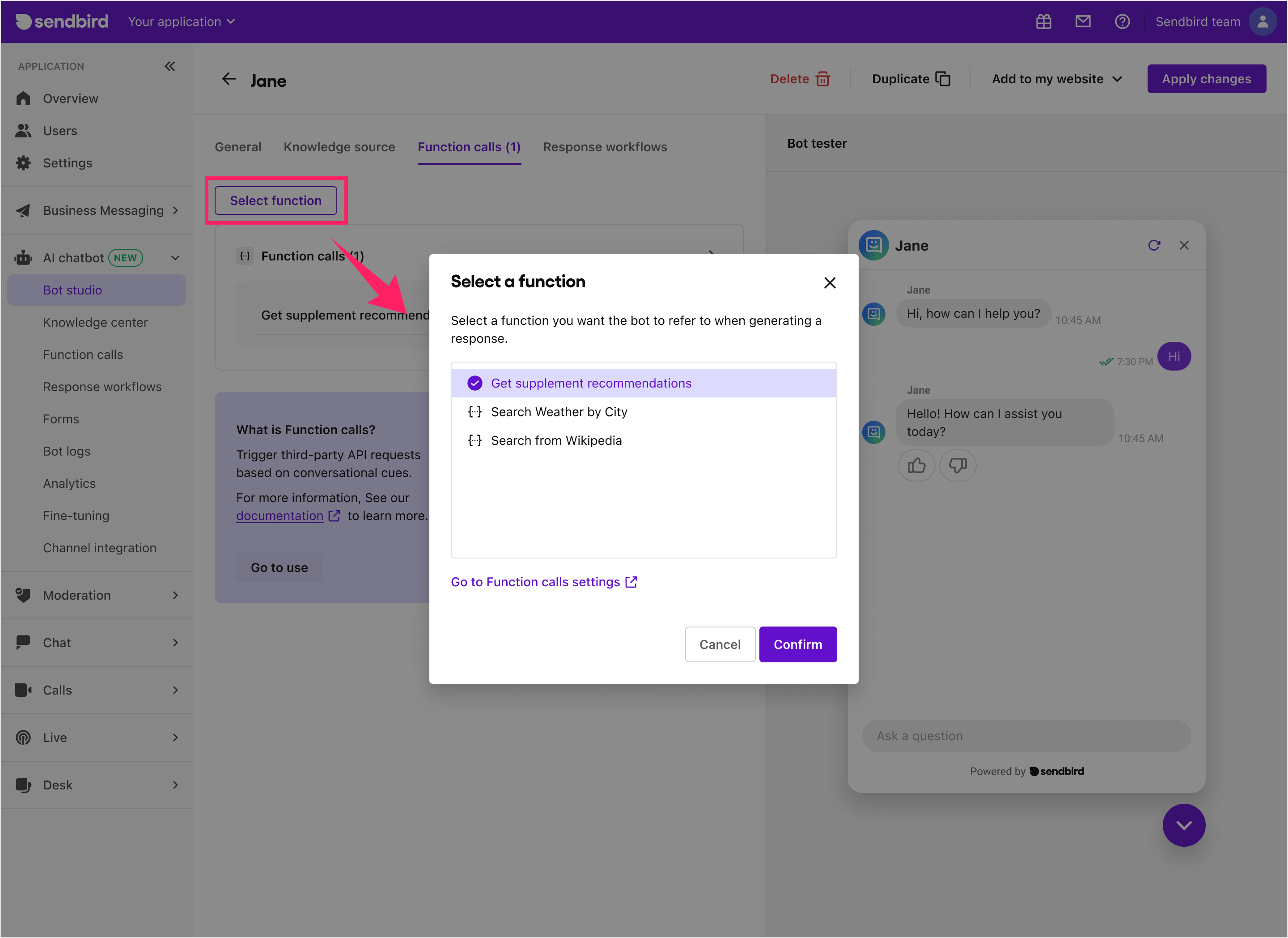 Function Calls Ai Chatbot Sendbird Docs