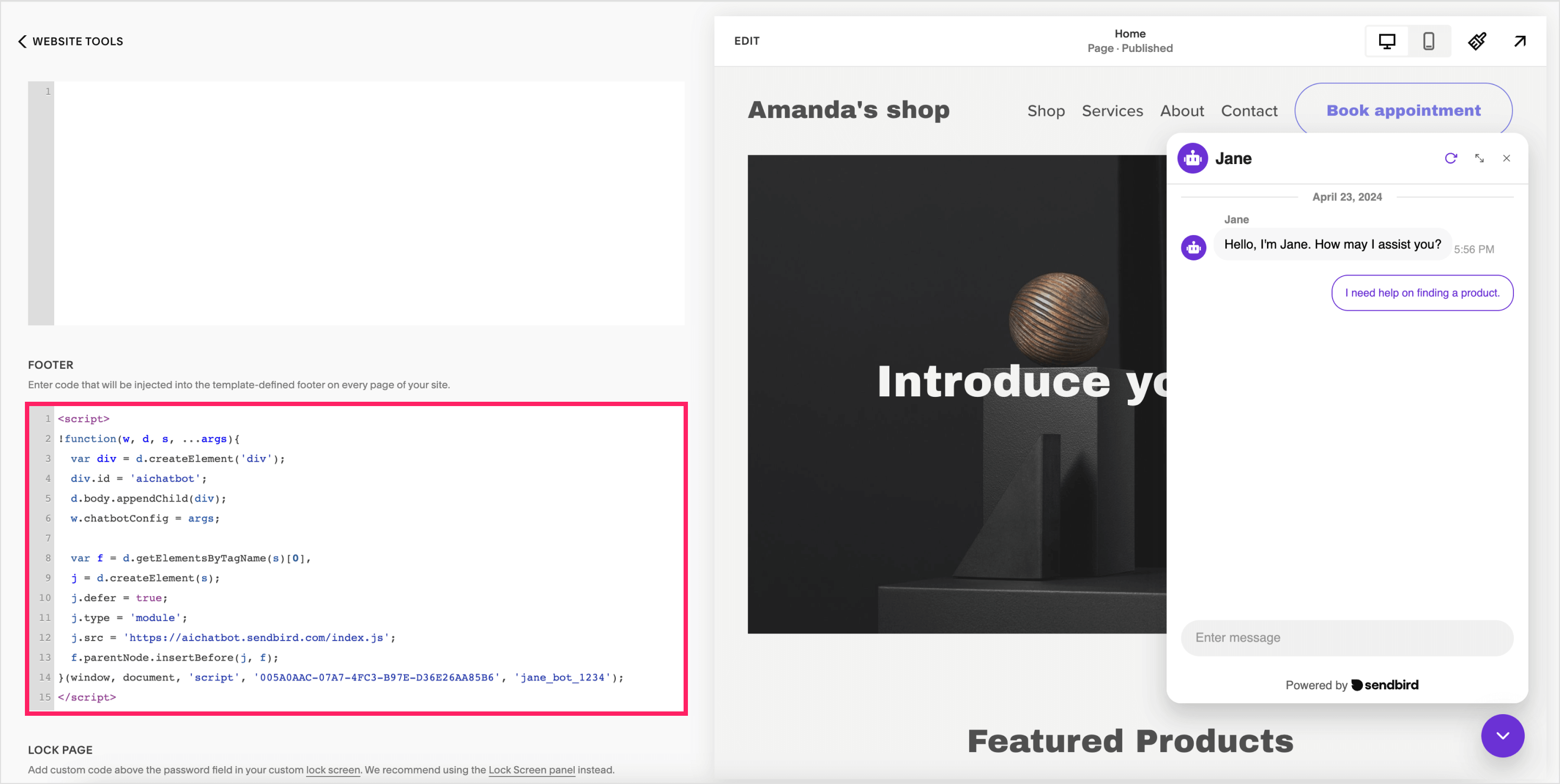 Embed Widget In Your Squarespace Website Ai Chatbot Sendbird Docs