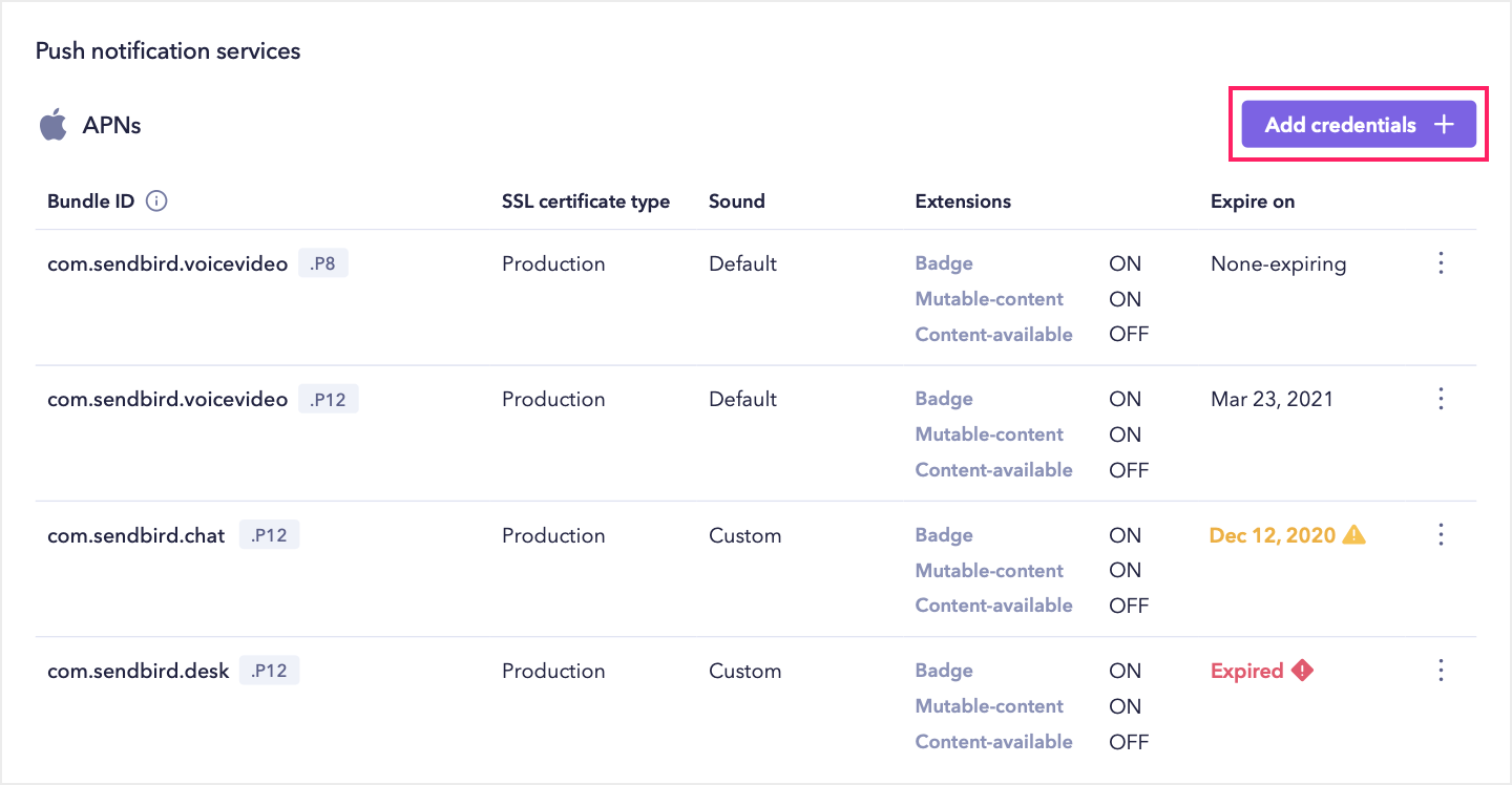 Register push notification credentials | Chat iOS SDK | Sendbird Docs