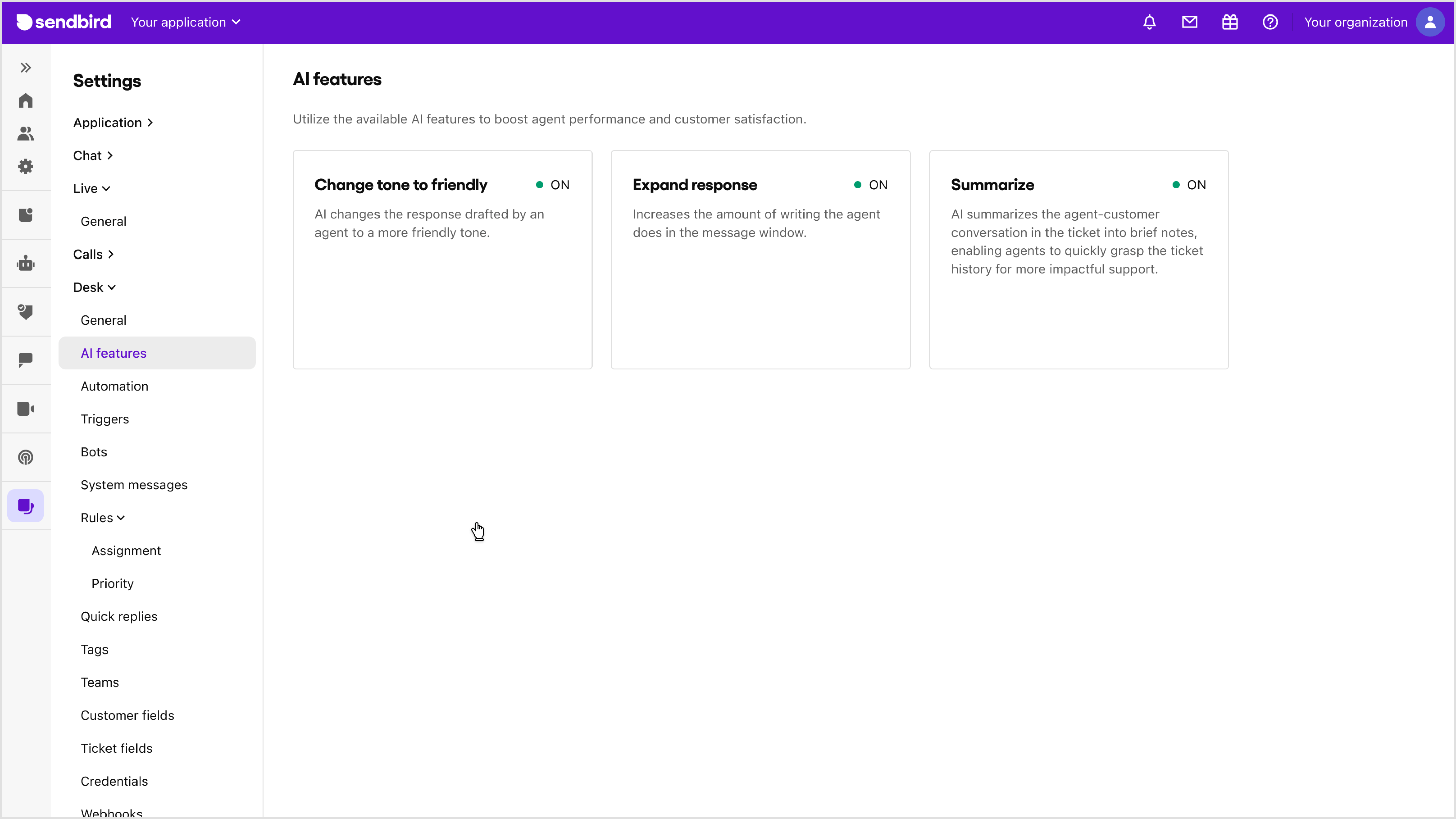 AI tools for agents | Desk Guide | Sendbird Docs