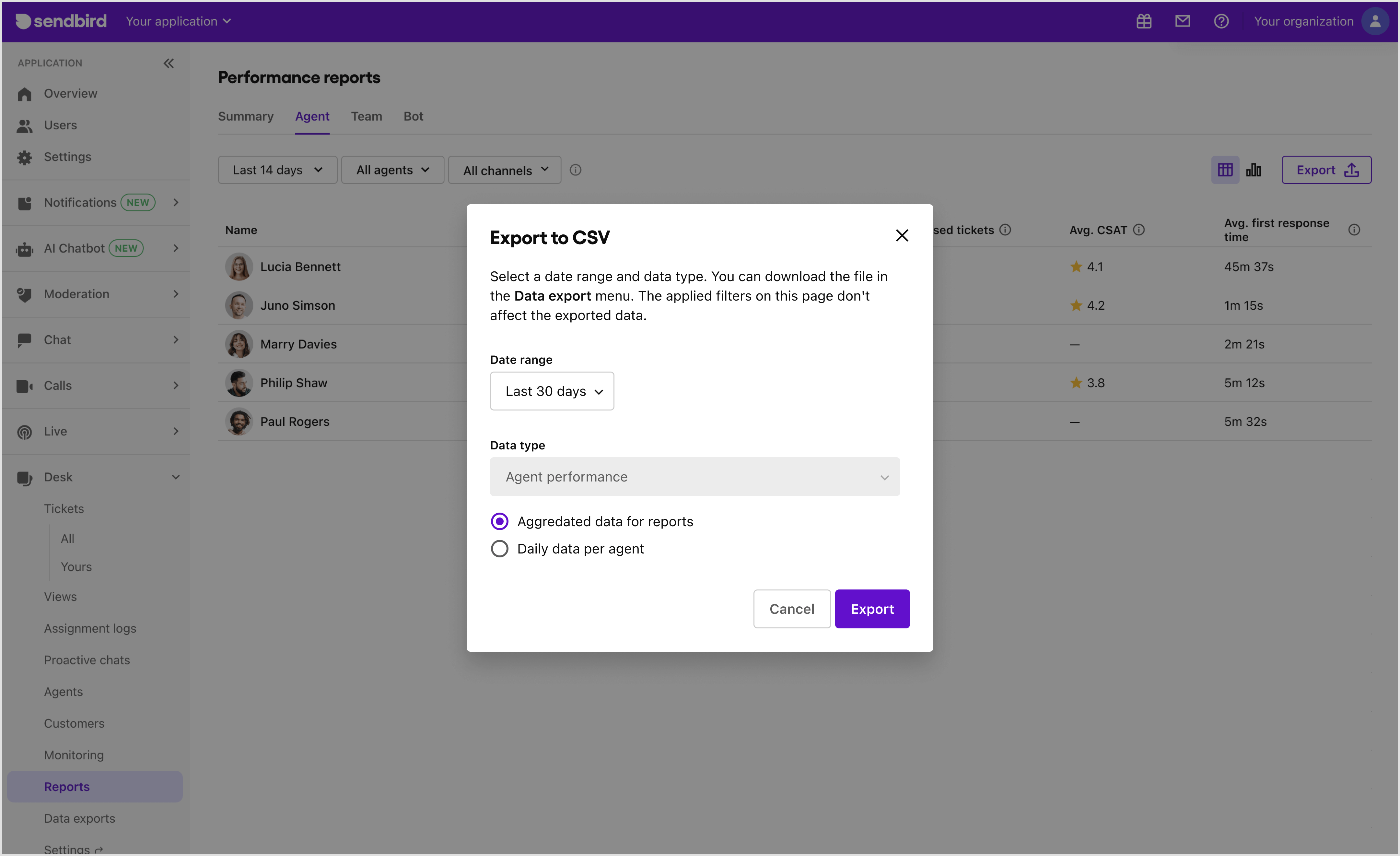Reports | Desk Guide | Sendbird Docs