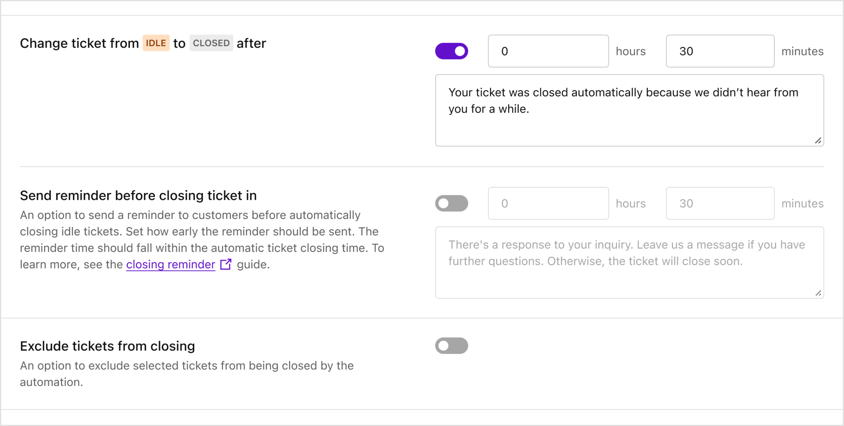 Exclude tickets from closing | Desk Guide | Sendbird Docs