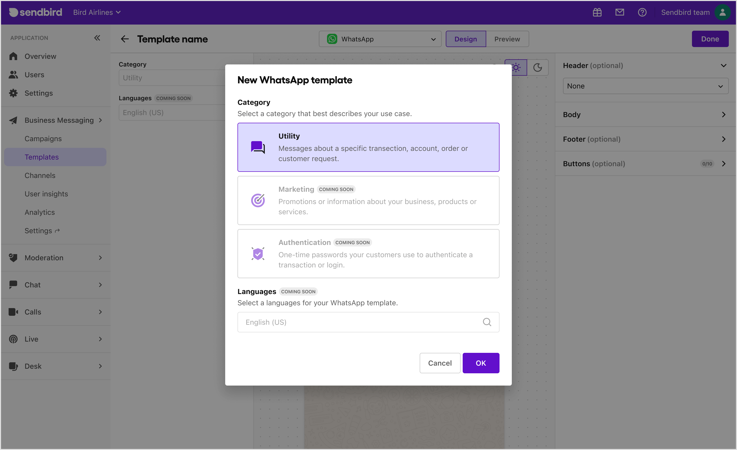 Templates | Business Messaging | Sendbird Docs