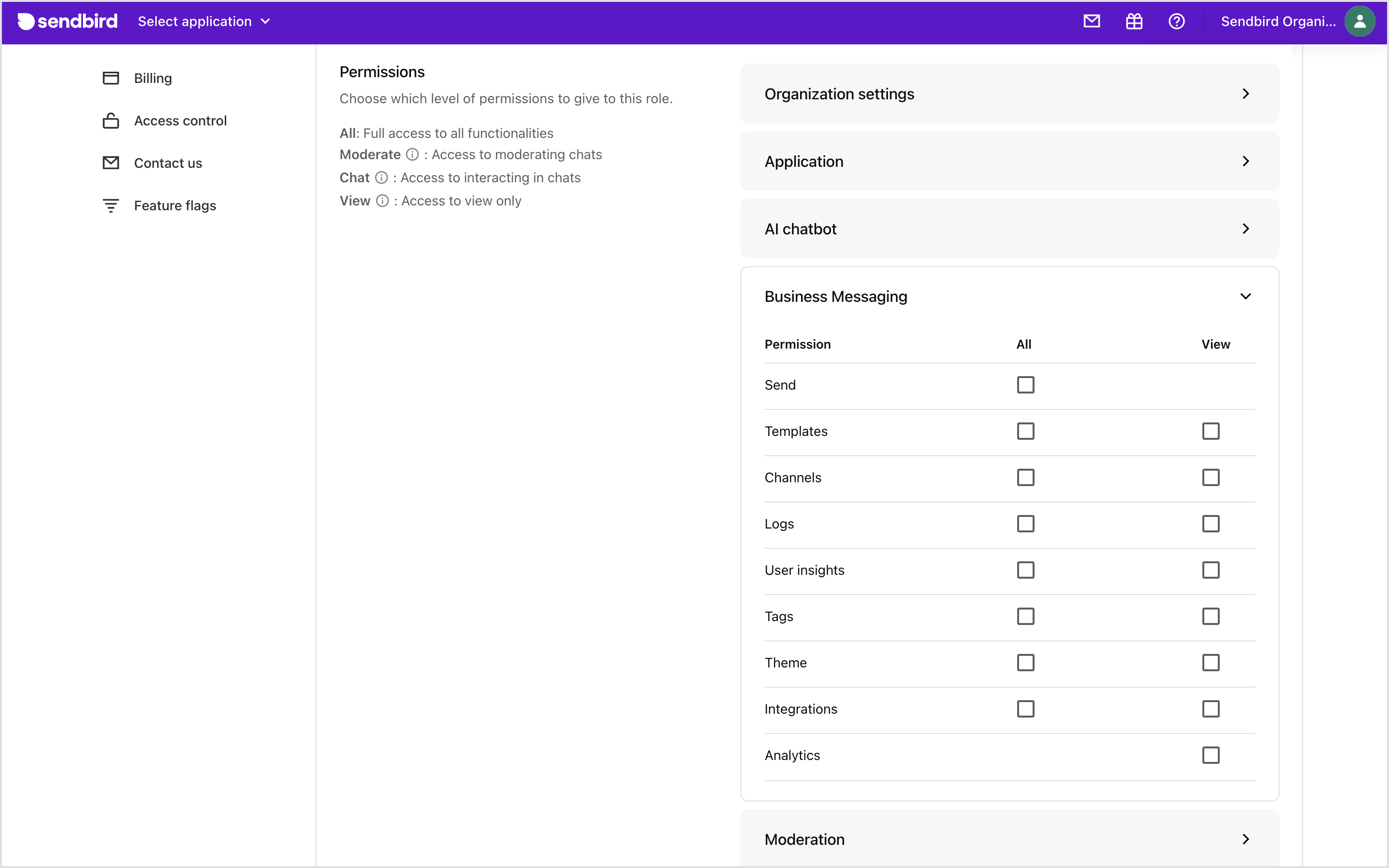 Custom roles and permissions | Business Messaging | Sendbird Docs