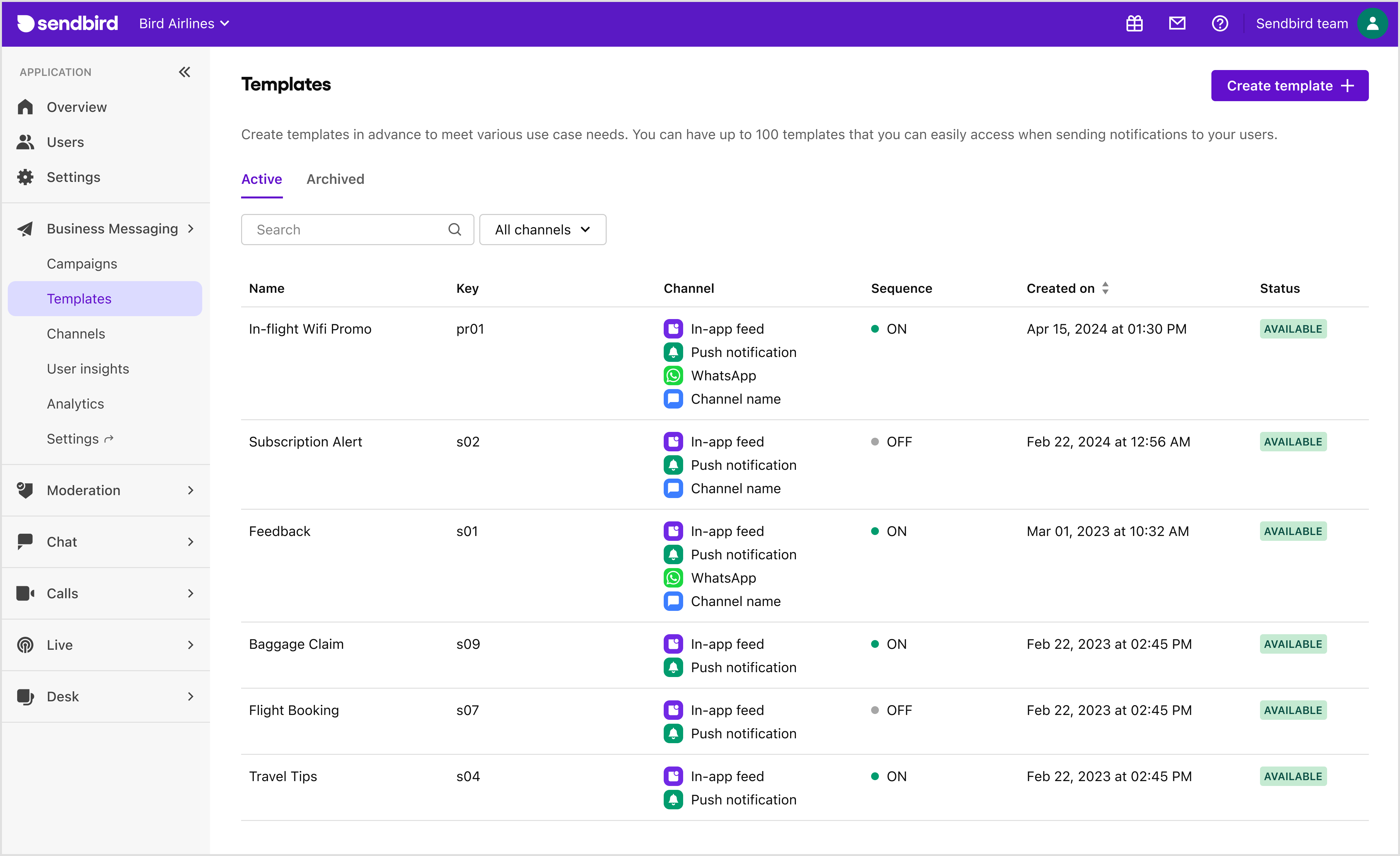 Templates | Business Messaging | Sendbird Docs